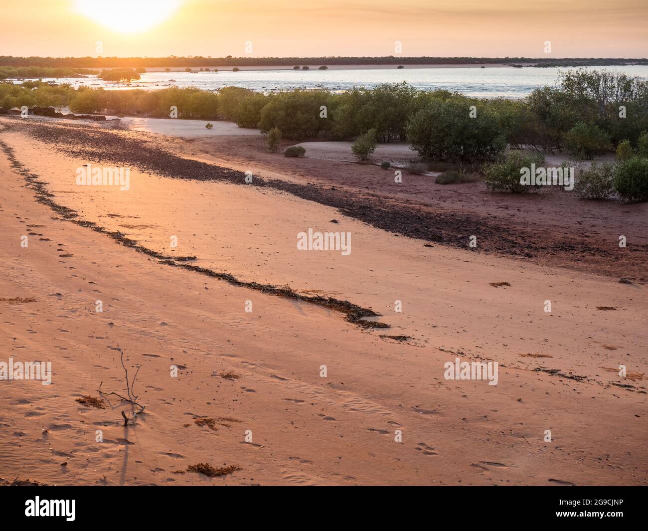 Sunrise over sand and mangroves on Roebuck Bay near Broome, Kimberley ...