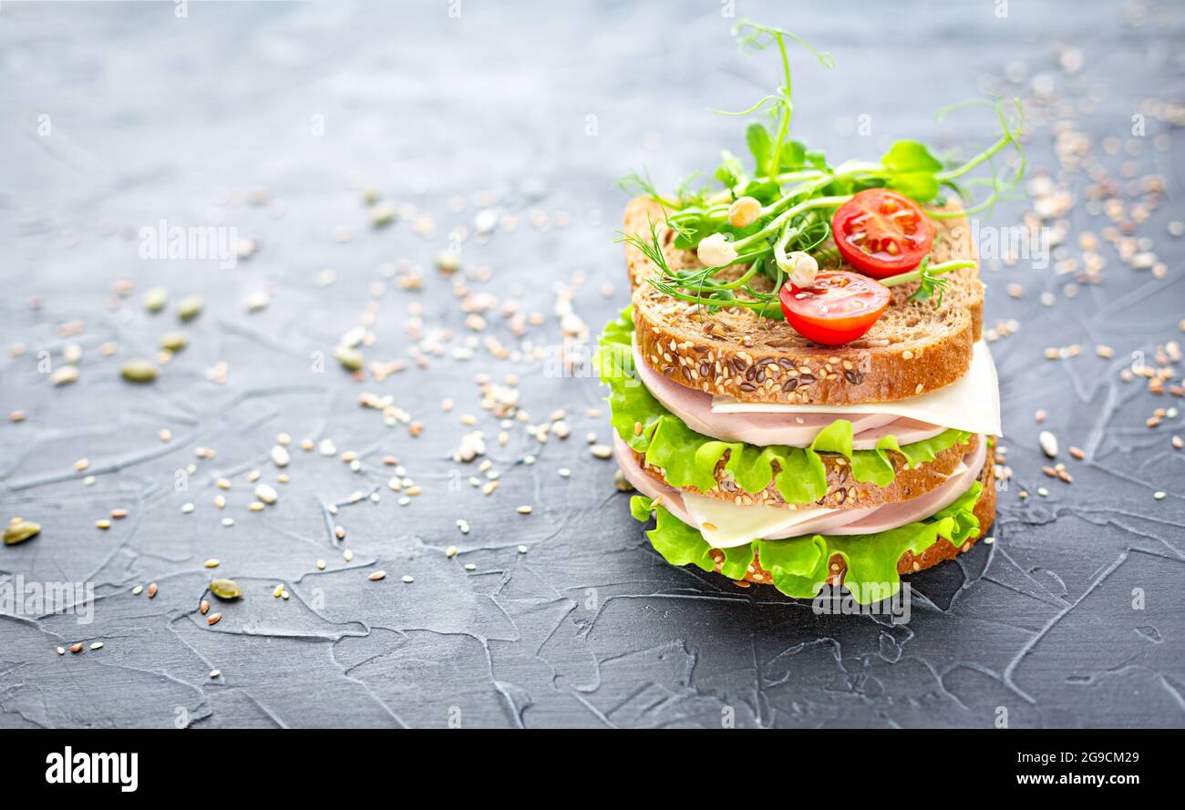 Traditional double sandwich of grain bread with sausage, cheese, herbs ...