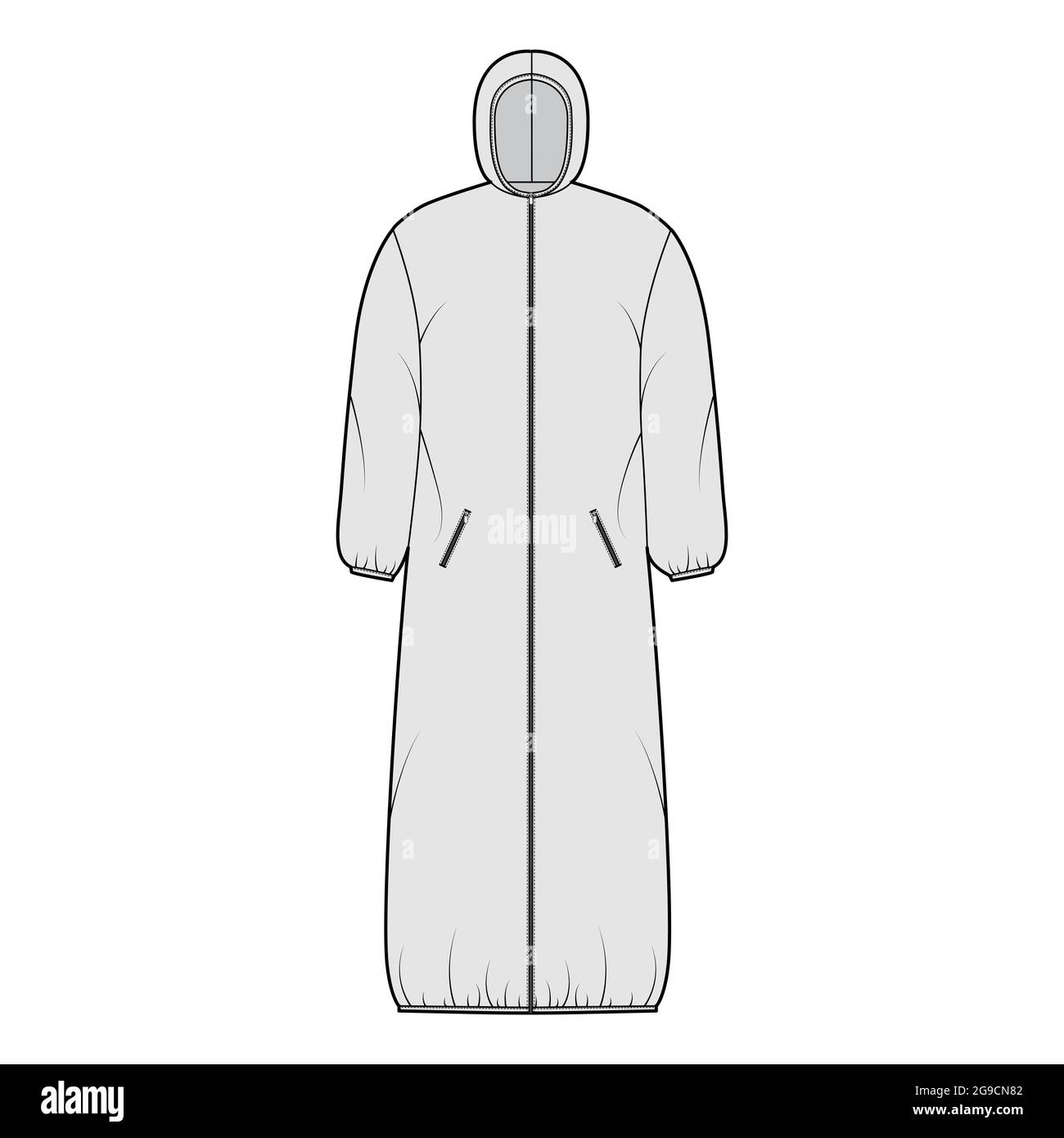 Hooded padded shell coat jacket puffer technical fashion illustration ...