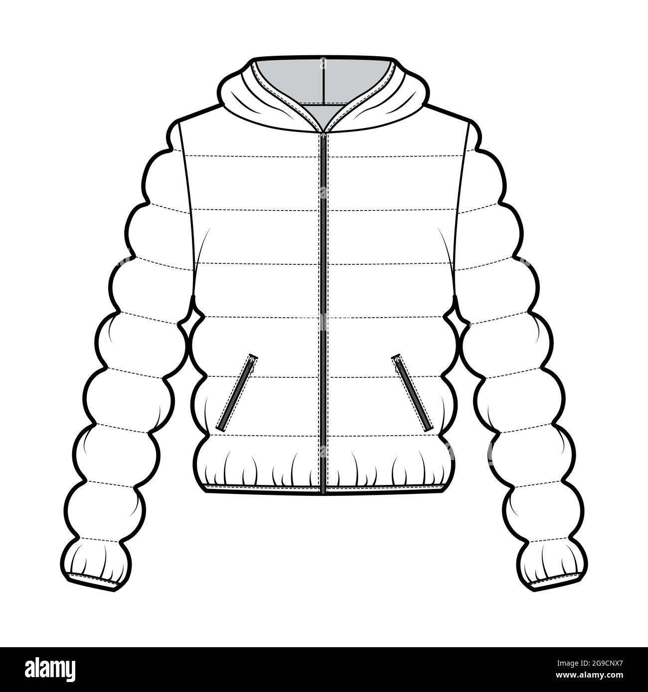 Hooded jacket Down puffer coat technical fashion illustration with zip ...