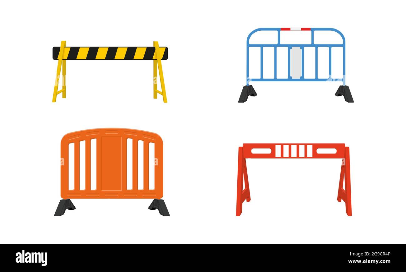 Set of metal and plastic road barriers. Different traffic obstacles ...
