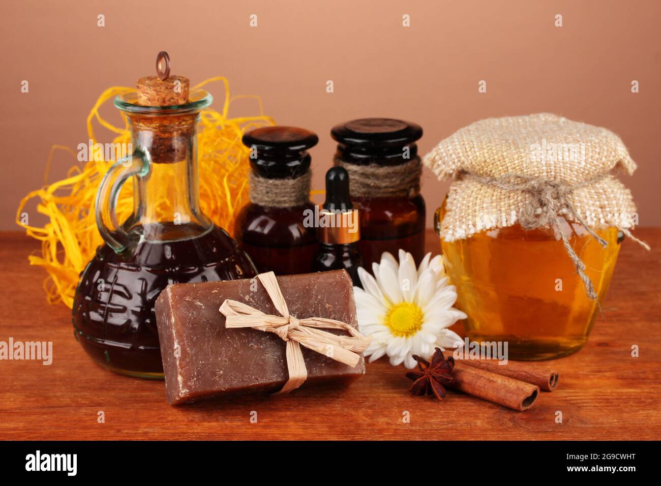 ingredients for soap making on brown background Stock Photo - Alamy