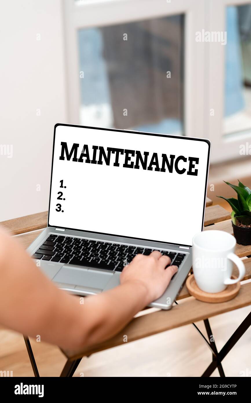 Text sign showing Maintenance. Business showcase method of preserving ...