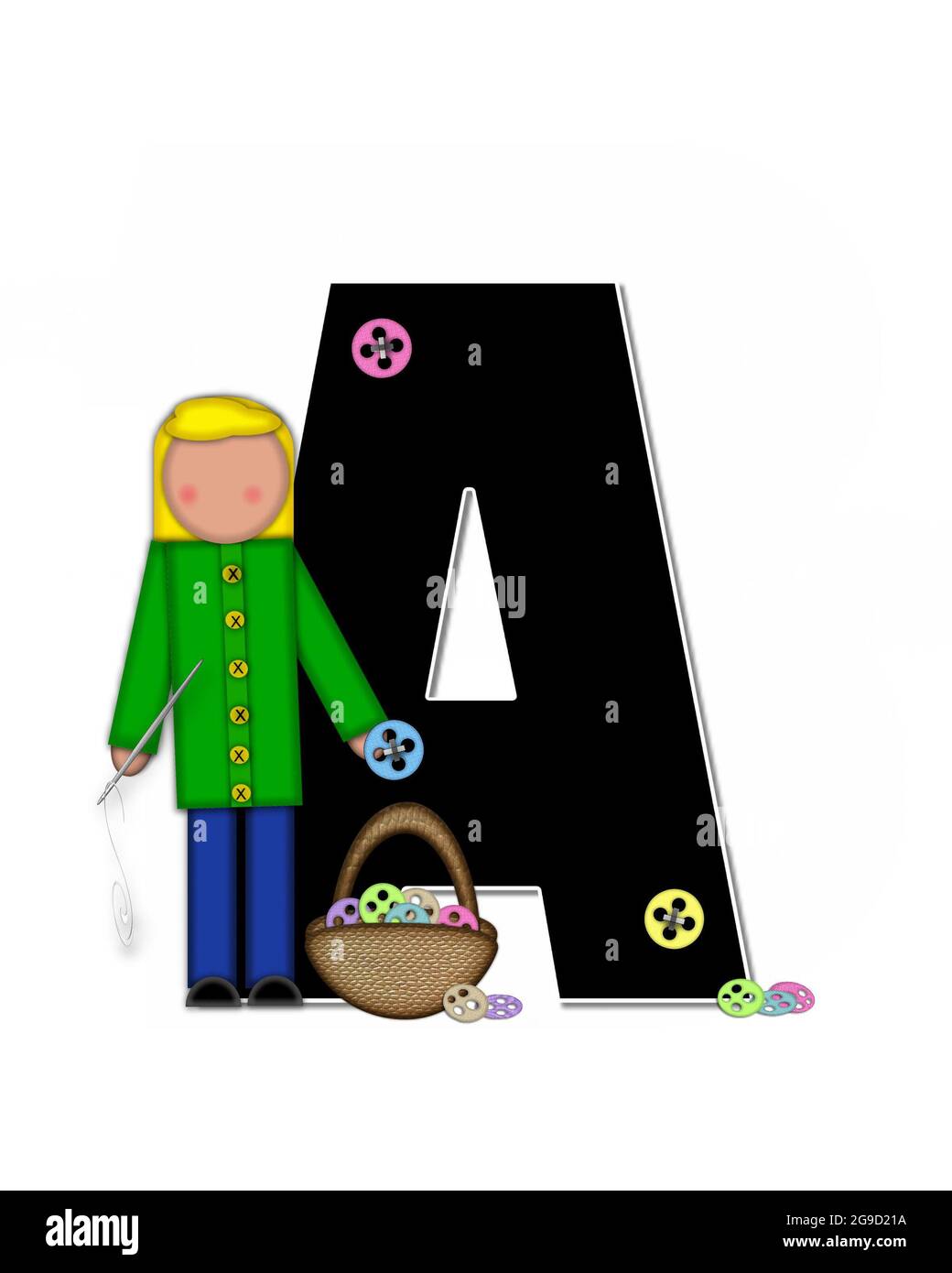 The letter A, in the alphabet set "Children Sewing" is black and ...