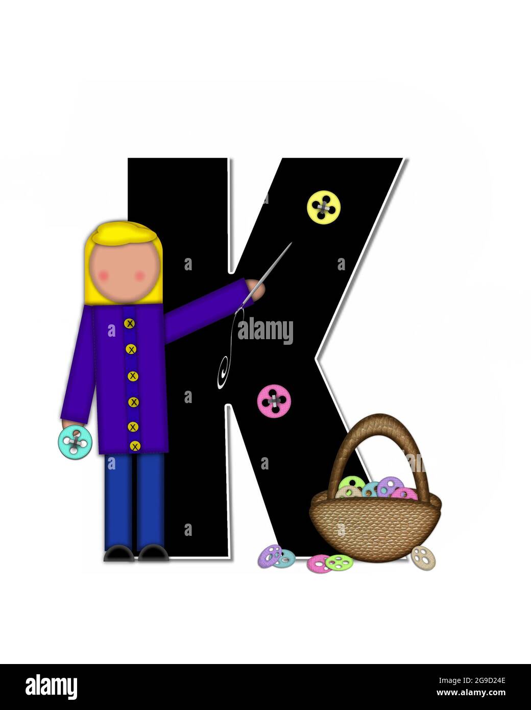 The letter K, in the alphabet set "Children Sewing" is black and ...