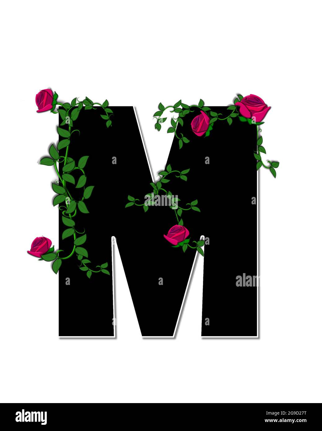 The letter M, in the alphabet set "Rose Trellis," is black with white ...