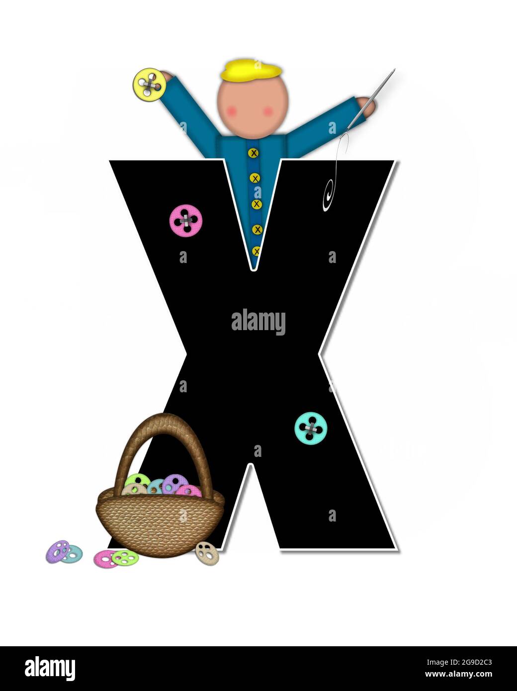 The letter X, in the alphabet set "Children Sewing" is black and ...
