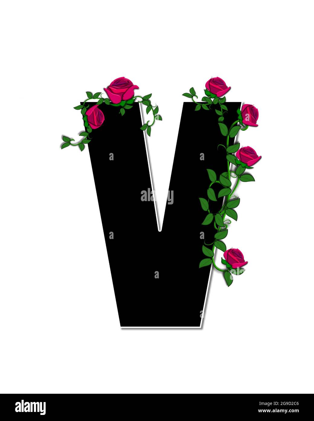 The letter V, in the alphabet set "Rose Trellis," is black with white ...