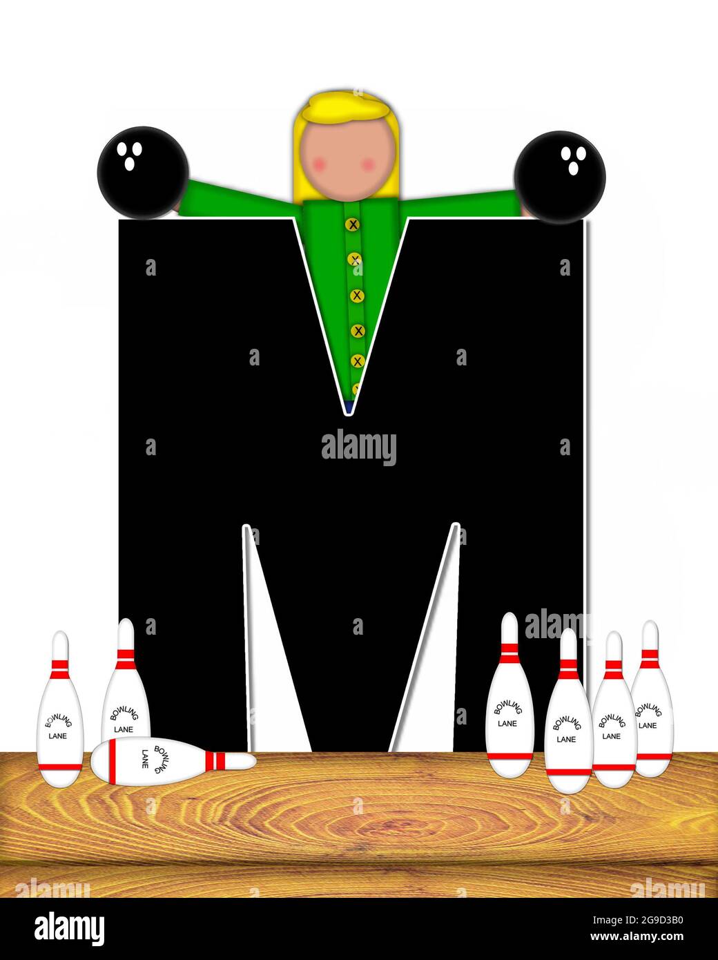 The letter M, in the alphabet set "Children Bowling Lane," is decorated ...