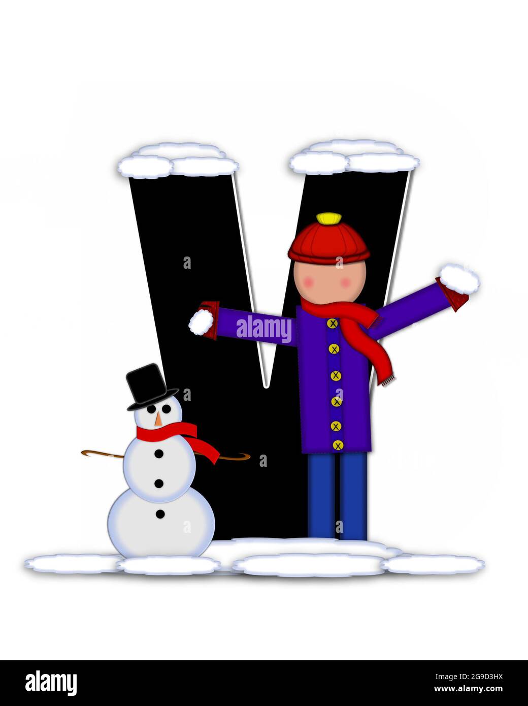 The letter V, in the alphabet set "Children Building Snowman" is black ...