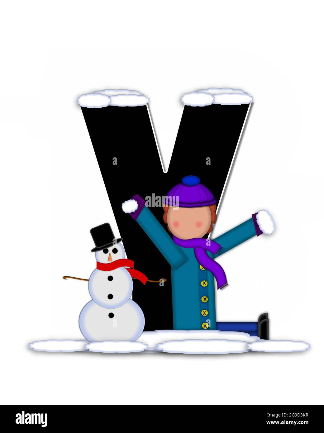 The letter Y, in the alphabet set "Children Building Snowman" is black ...