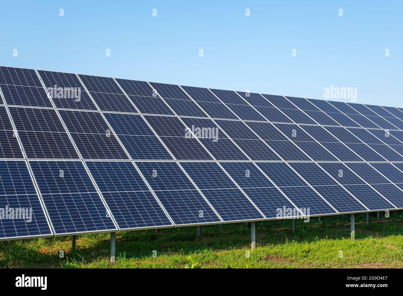 Row of solar panels on a solar farm under a blue sky Stock Photo - Alamy