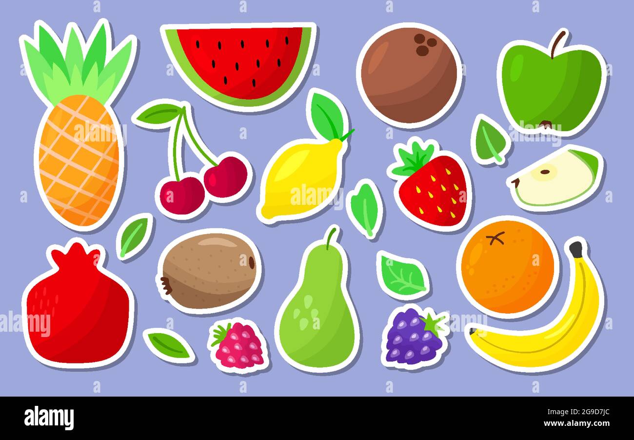 Fruit and berry cartoon sticker label icon set for design. Watermelon ...