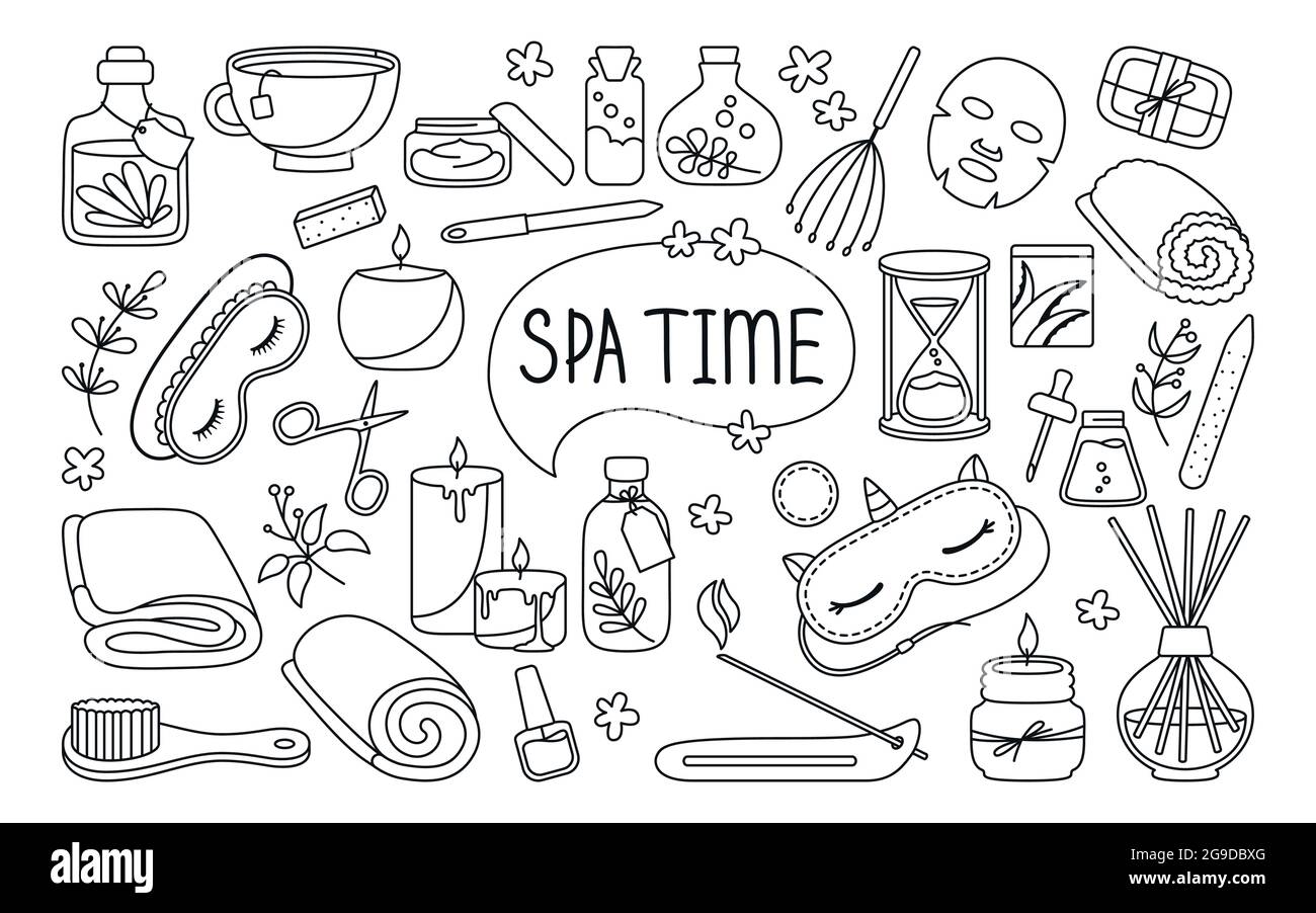 Spa and beauty care salon doodle line set. Skin care and natural ...
