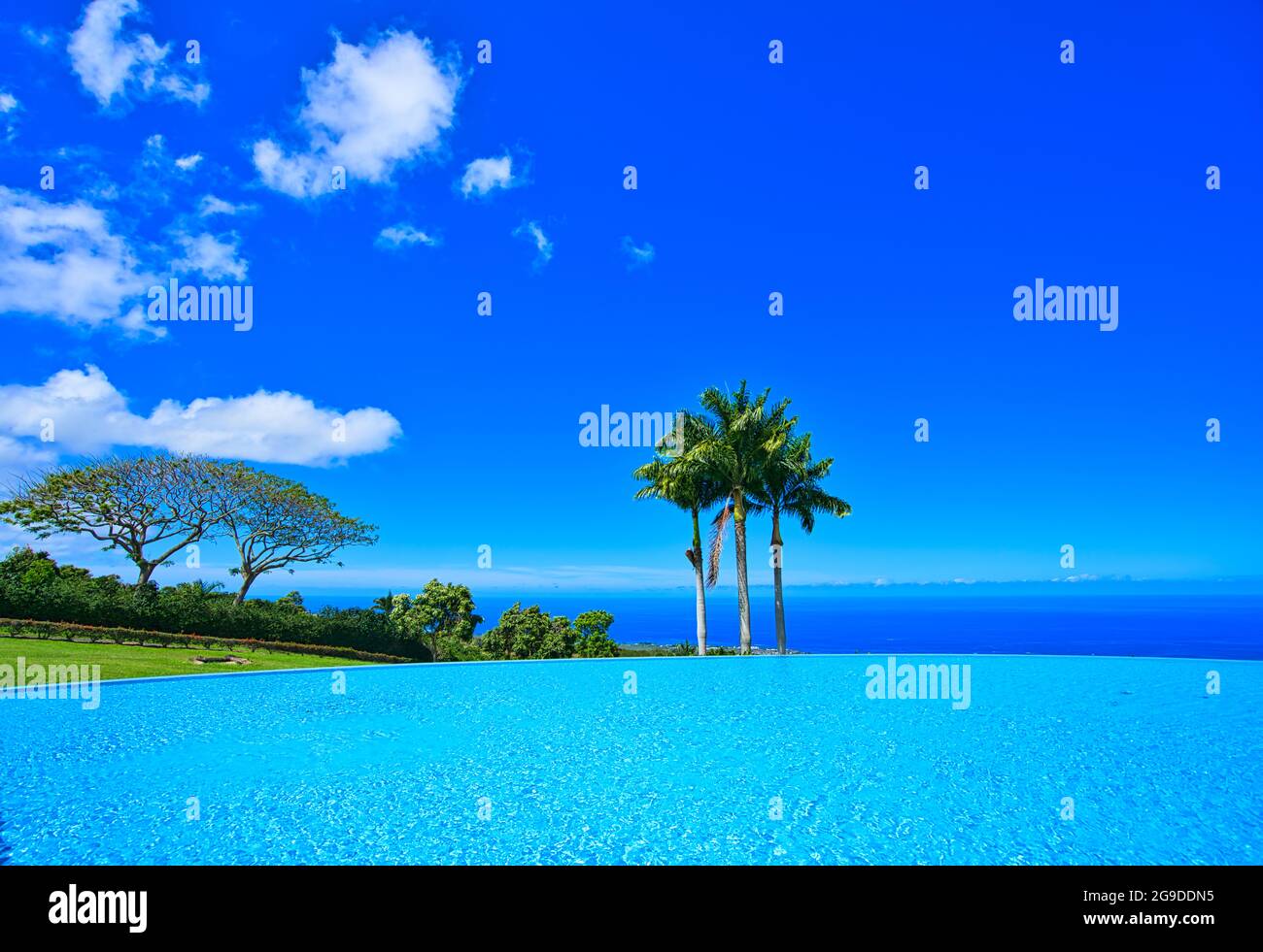 Tropical blue sea, blue sky and green palm trees. Relaxing vacation ...