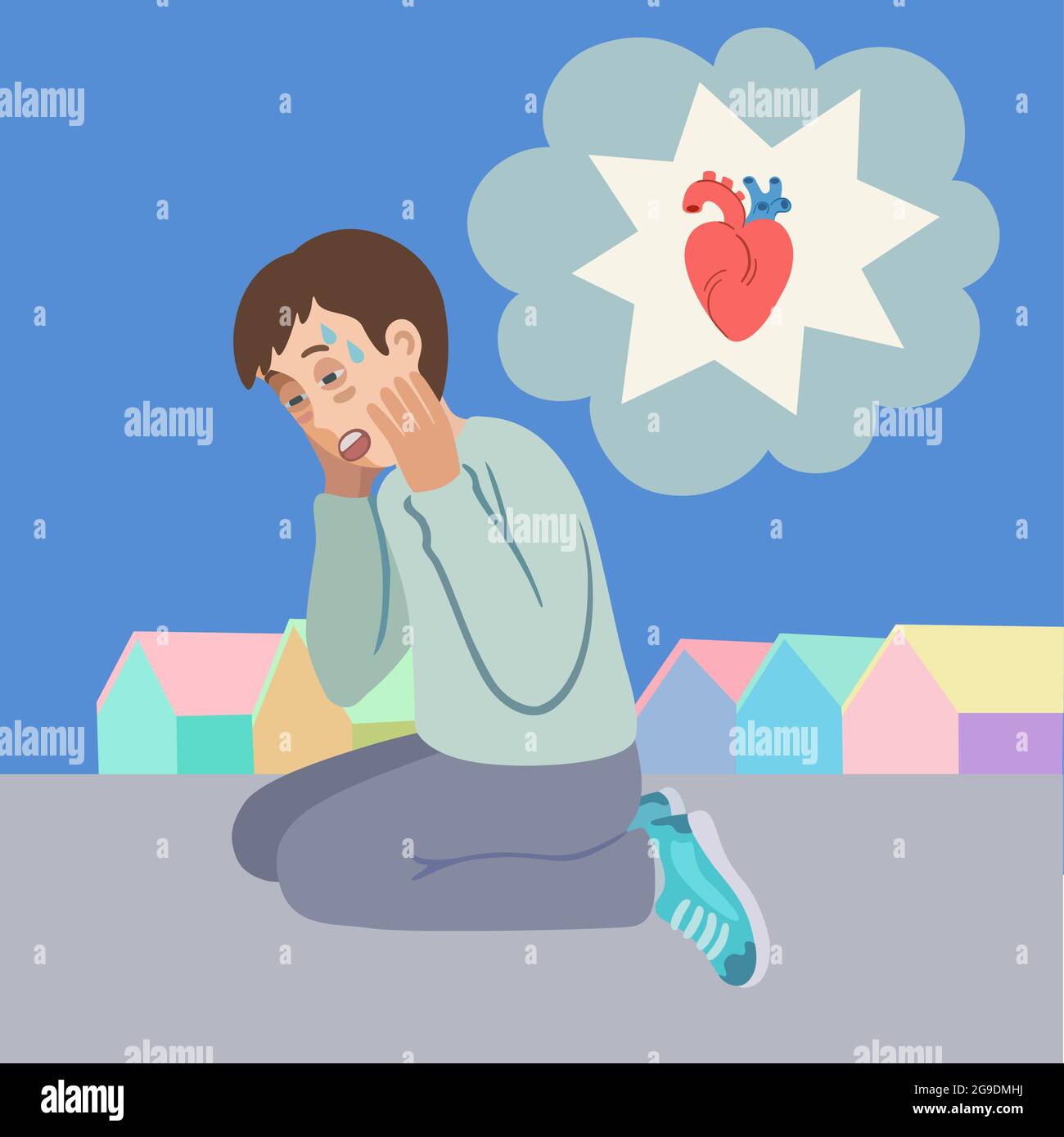 Concept of anxiety disorder, scared young man with panic attack and cardiophobia, sitting on the ...
