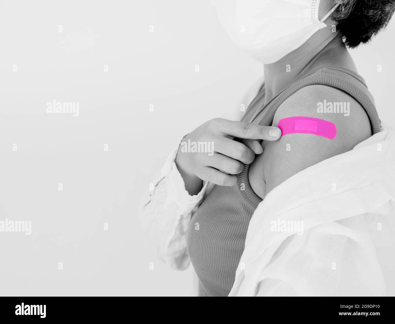 Vaccinations concept. Vaccinated woman wearing medical face mask ...