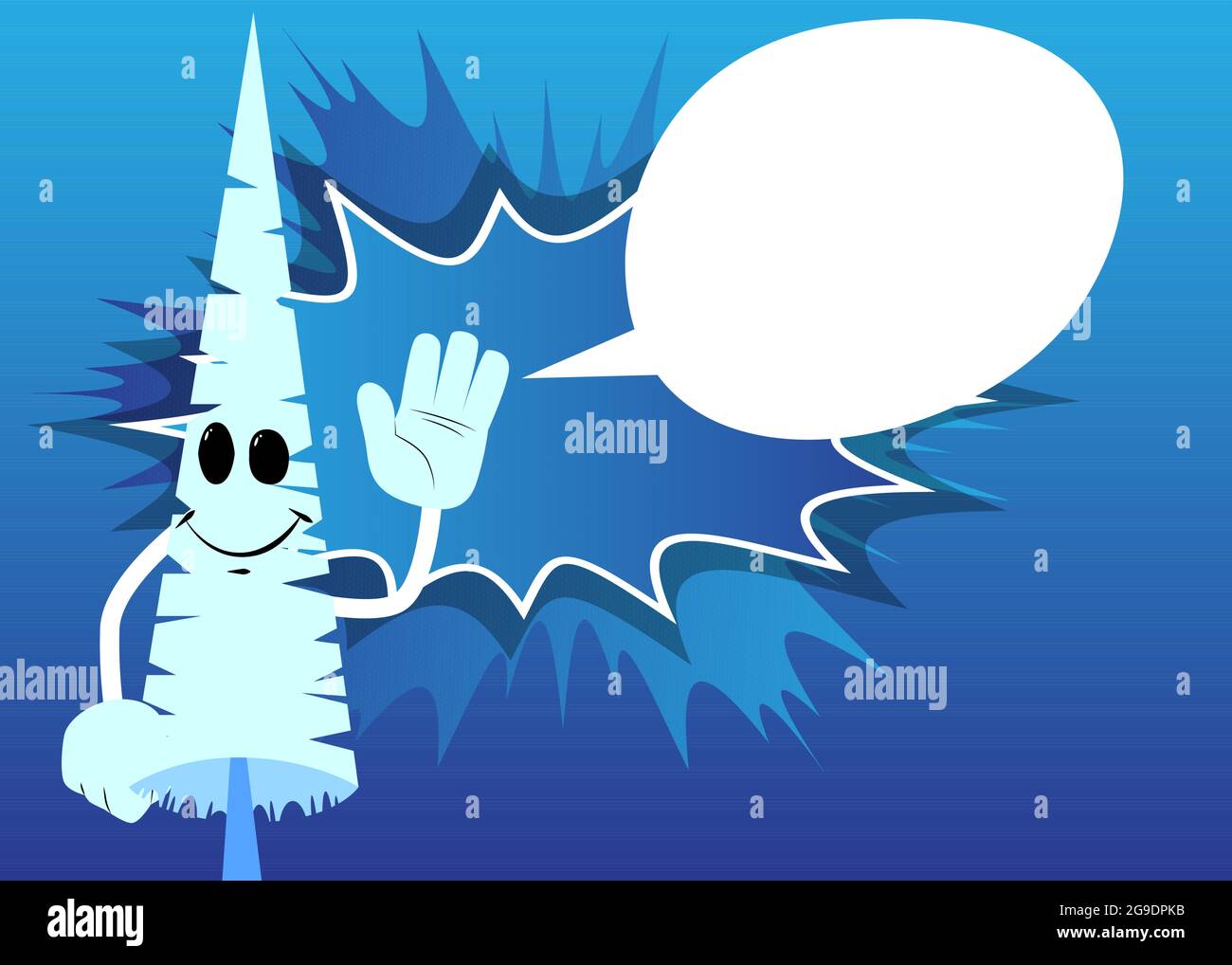 Cartoon winter pine trees with faces with waving hand. Cute forest ...