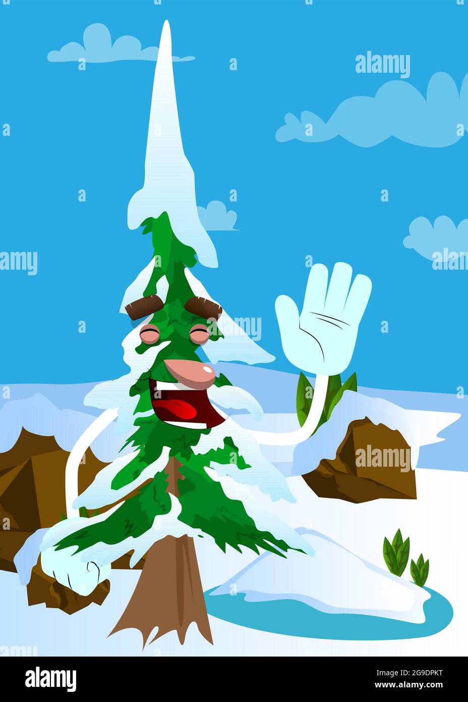 Cartoon winter pine trees with faces with waving hand. Cute forest ...