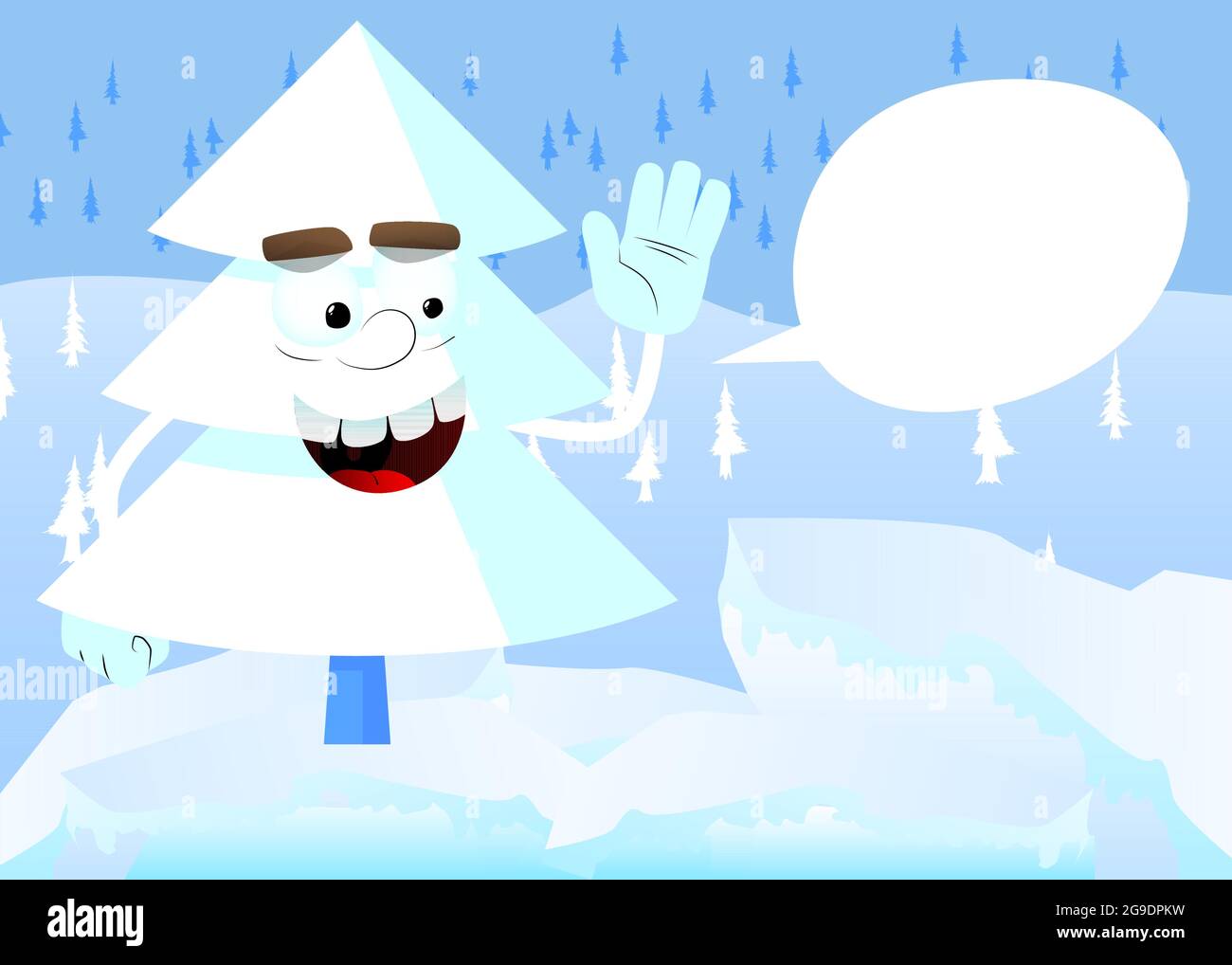 Cartoon winter pine trees with faces with waving hand. Cute forest ...