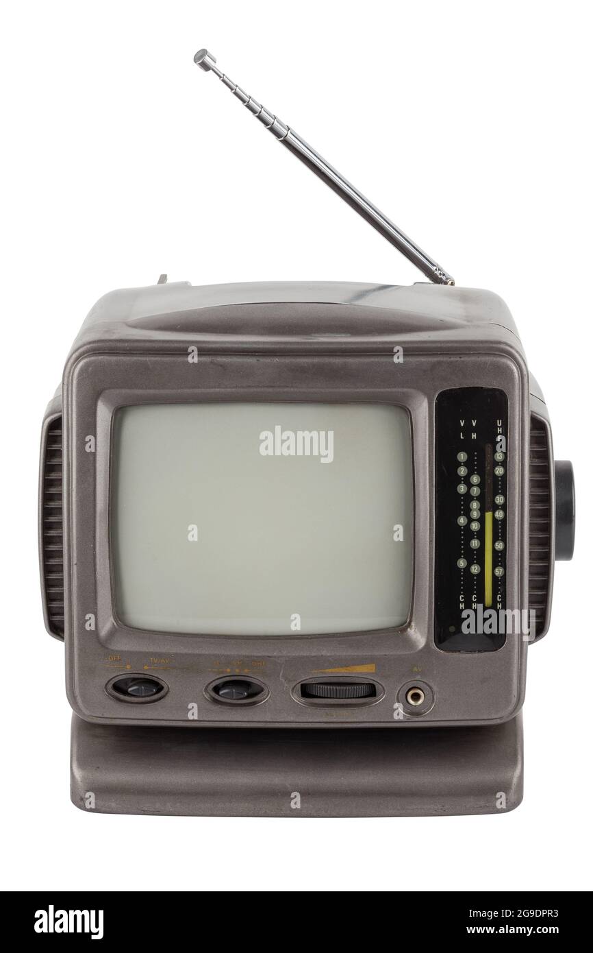 old used 5.5 inch protable analog crt tv unit isolated on white ...