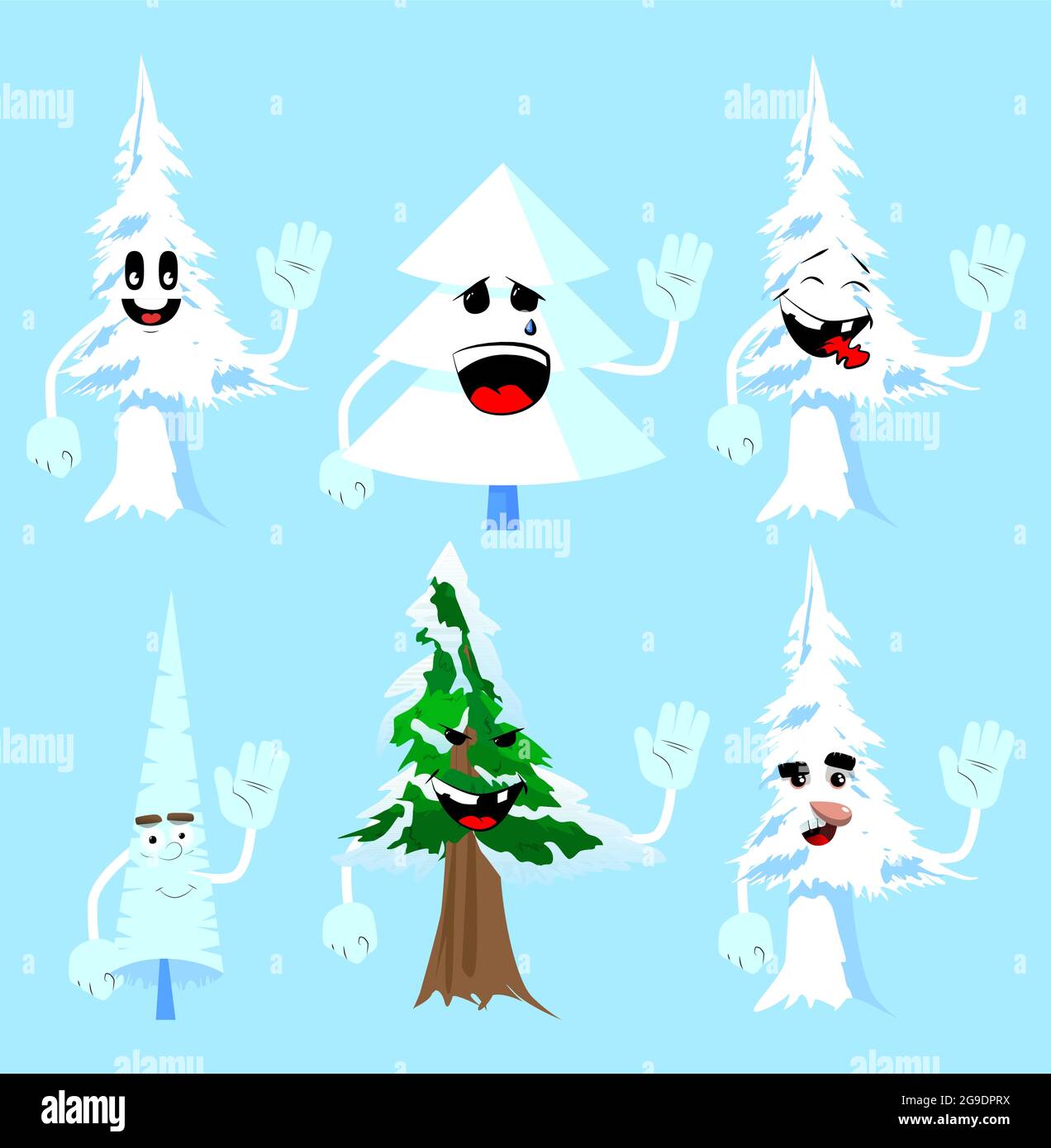 Cartoon winter pine trees with faces with waving hand. Cute forest ...