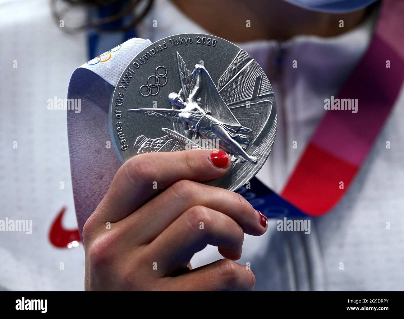 A general view of an Olympic silver medal at the Tokyo Aquatics Centre ...