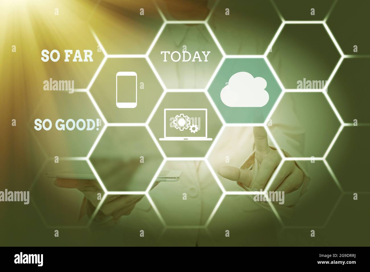Text sign showing So Far So Good. Concept meaning expressing ...