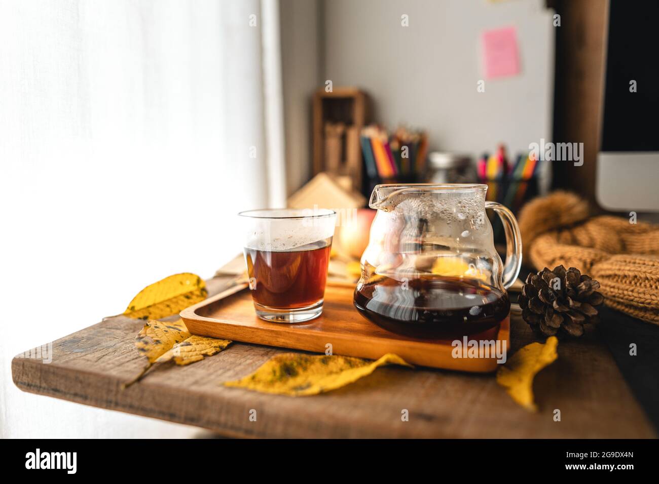 coffee in a mug on the desk in autumn on the desk at home Stock Photo ...