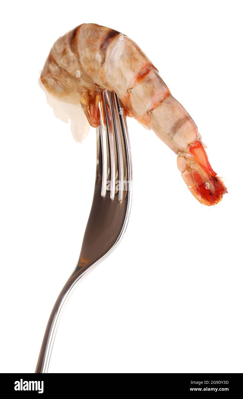 Prawn on a fork isolated on white Stock Photo - Alamy
