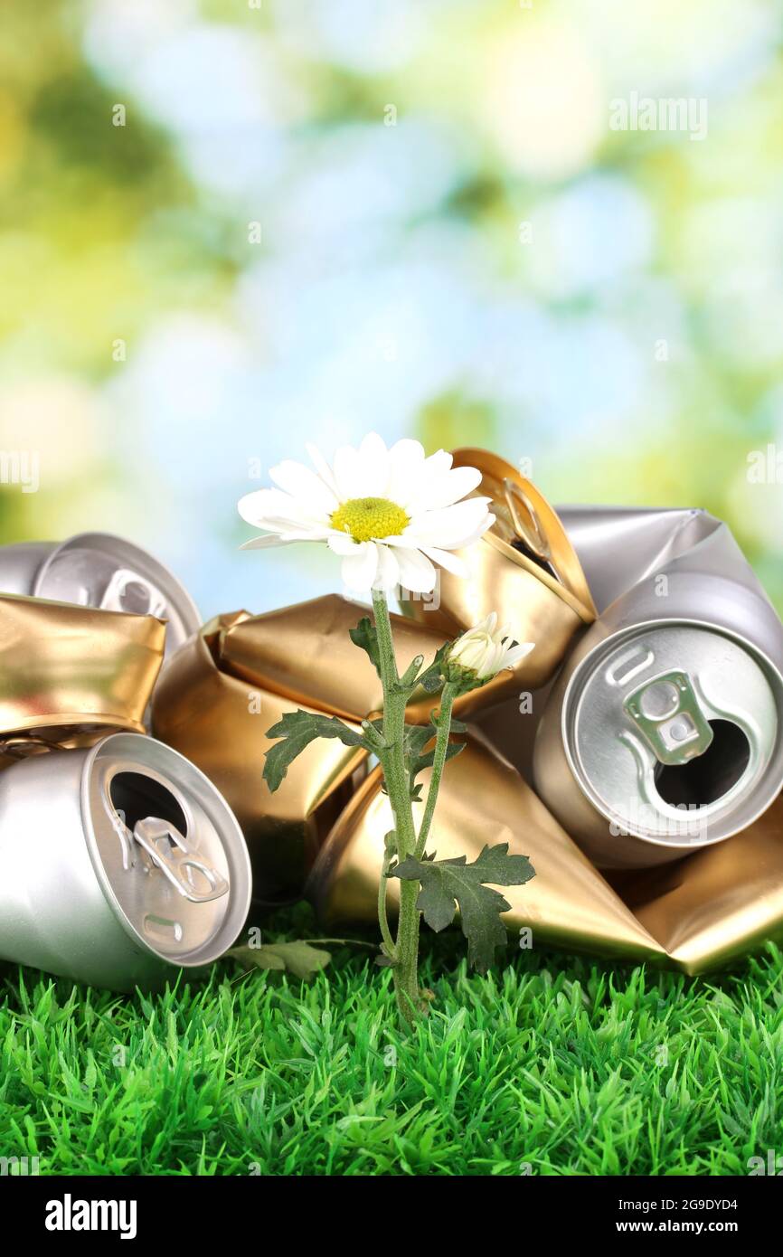 Garbage with growing flower. Environmental conservation concept Stock ...