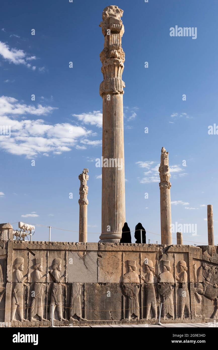 Persepolis, huge stone pillars and relief of platform, Apadana ruins ...