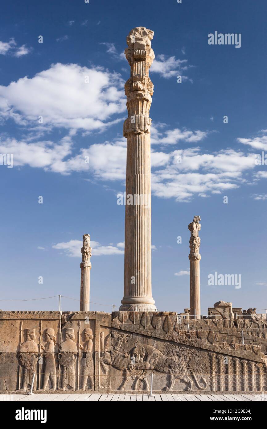Persepolis, huge stone pillars and relief of platform, Apadana ruins ...