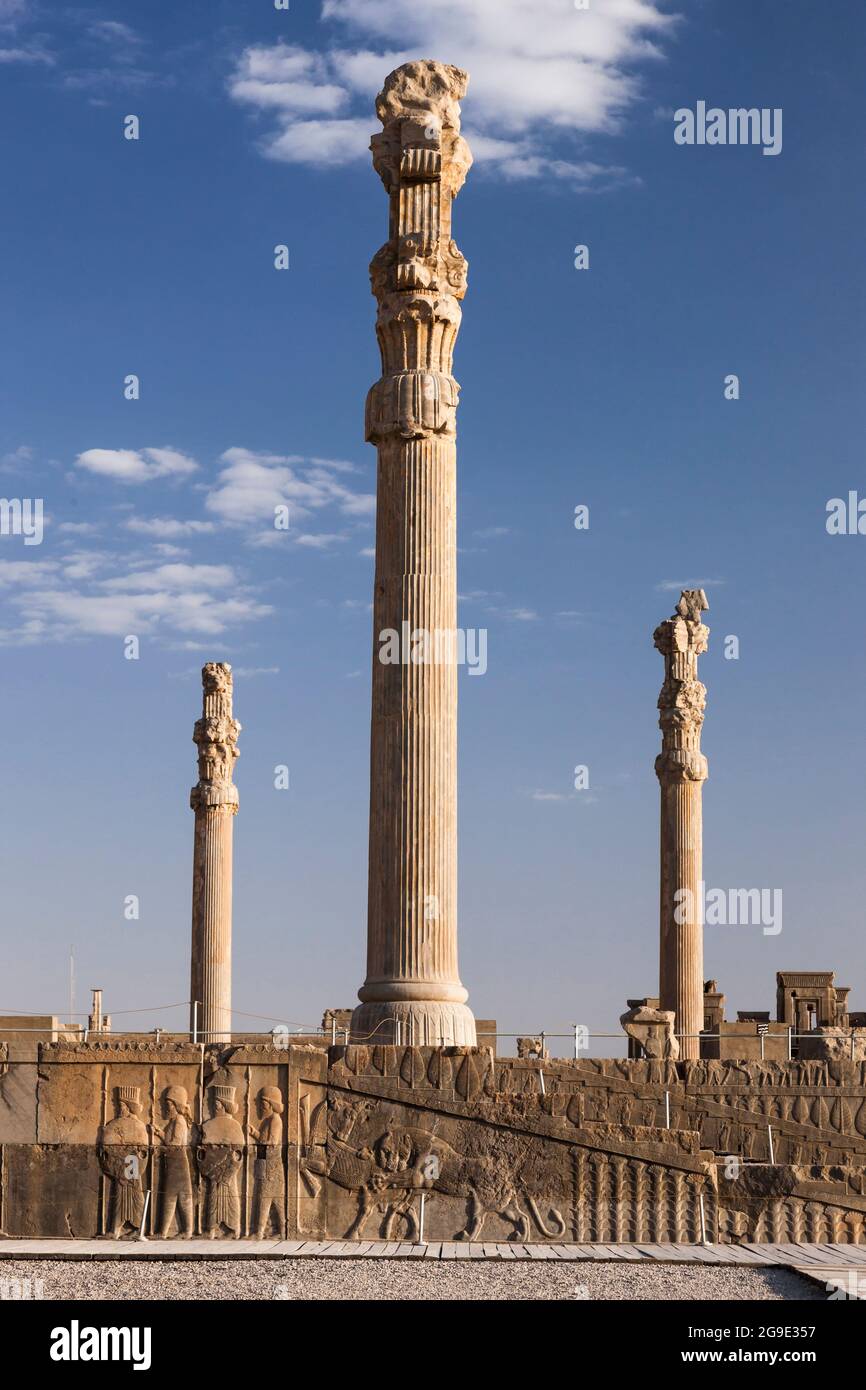 Persepolis, huge stone pillars and relief of platform, Apadana ruins ...