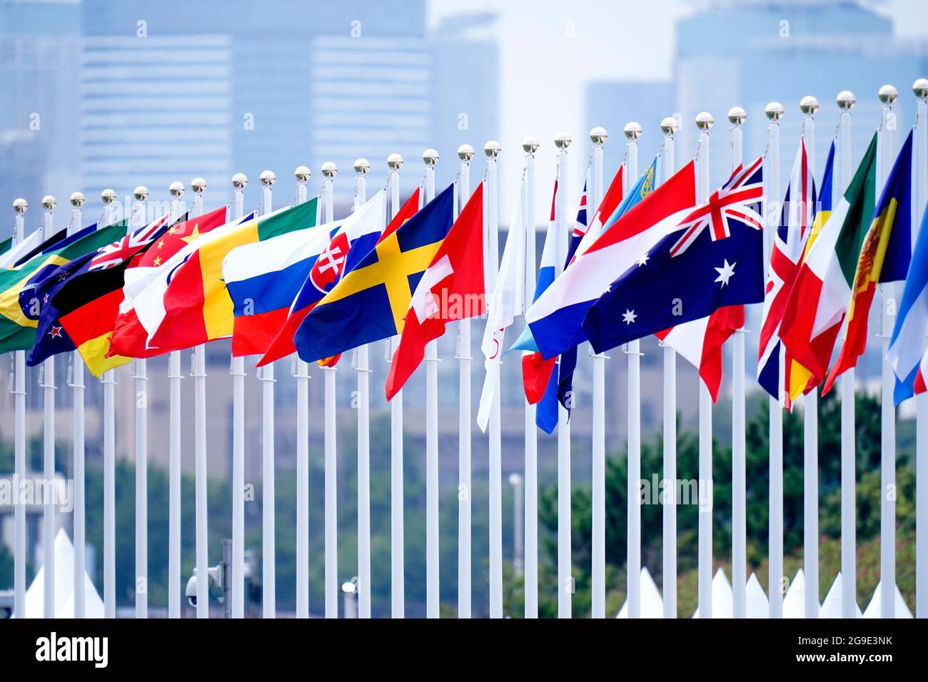 A general view of national flags on display at the Kasai Canoe Slalom ...