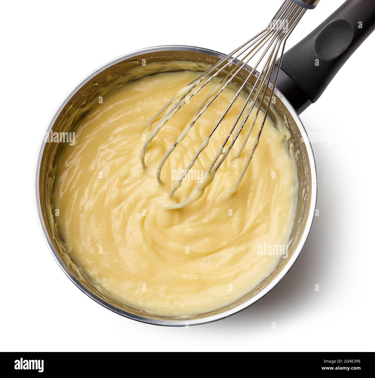 process of making custard cream. ingredients in a pot. mixing with ...