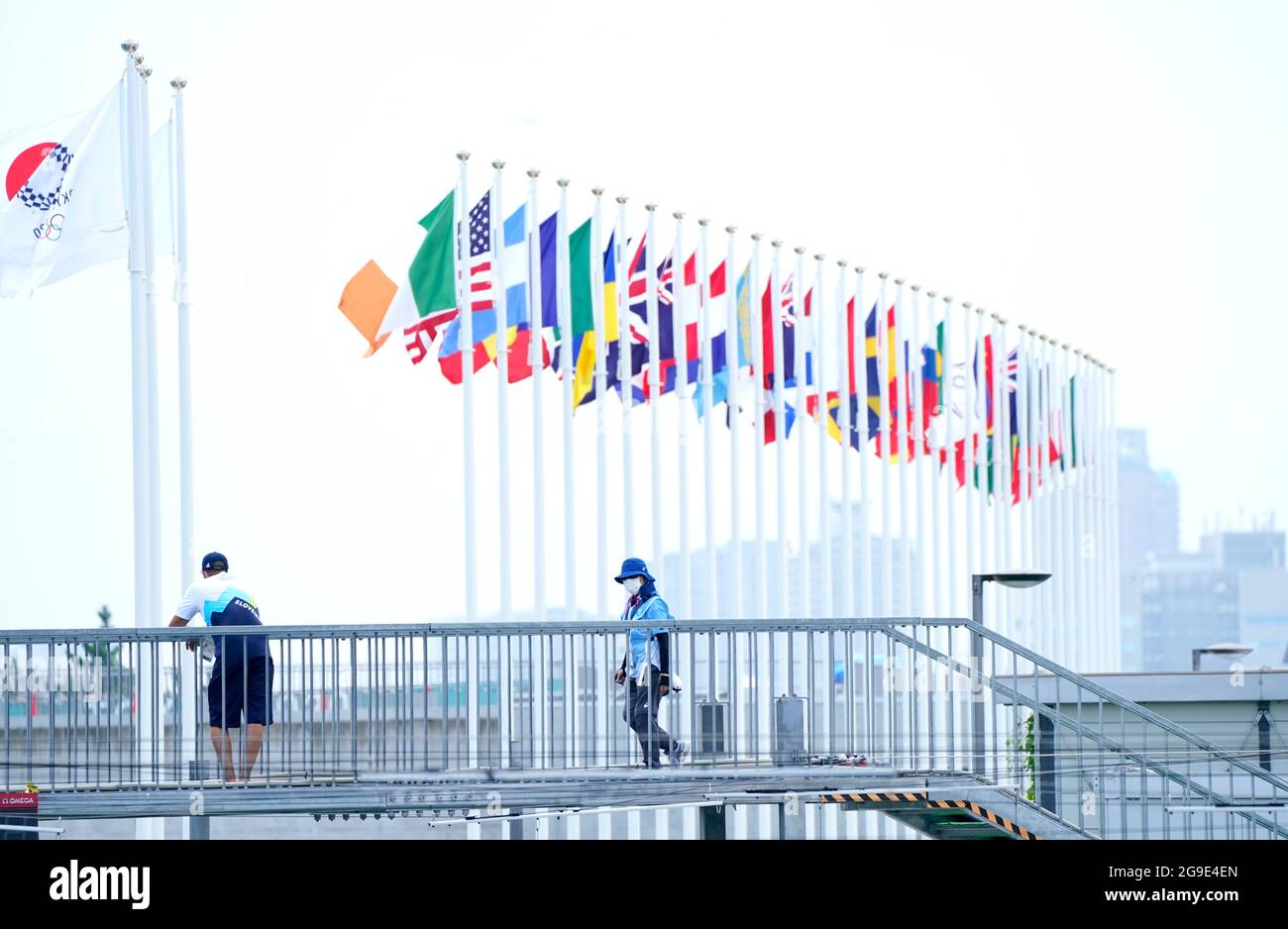 A general view of national flags on display at the Kasai Canoe Slalom ...