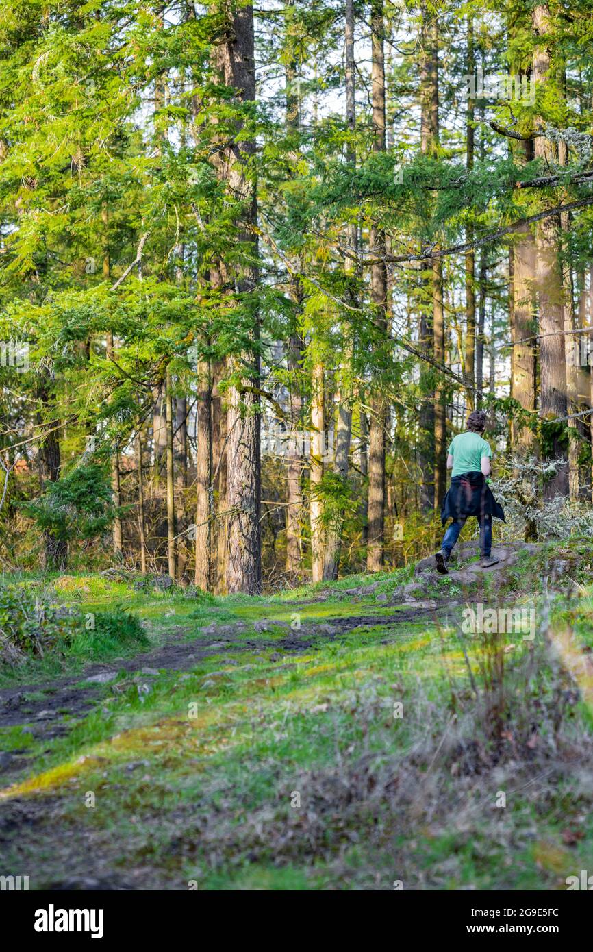 Man in activewear exercise runs along a winding wild deciduous forest ...