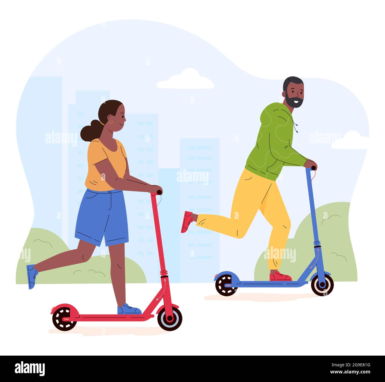 Man and woman riding electric walk scooters Stock Vector Image & Art ...