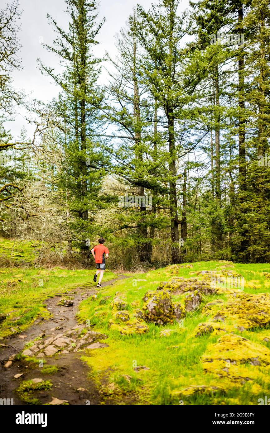 Man in activewear exercise runs along a winding wild deciduous forest ...
