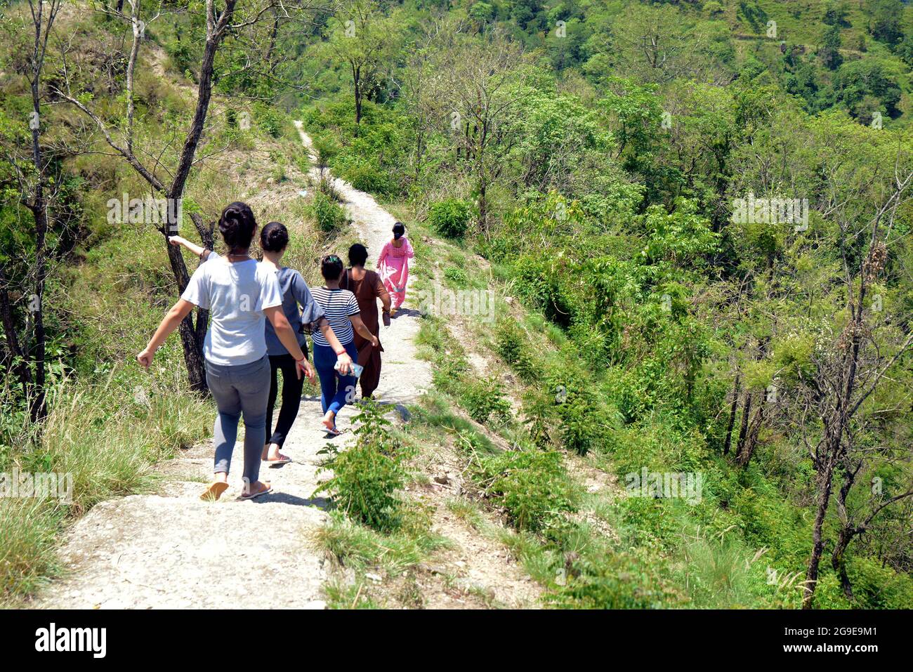 Group of friends walking on high mountain path Stock Photo - Alamy