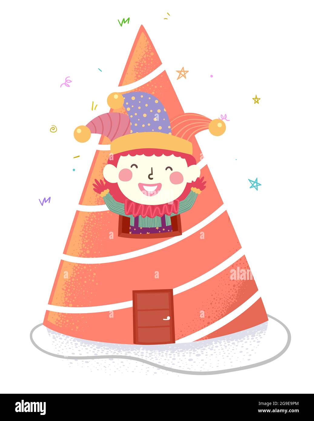 Illustration of a Kid Boy Clown in a Big Party Hat House Stock Photo ...