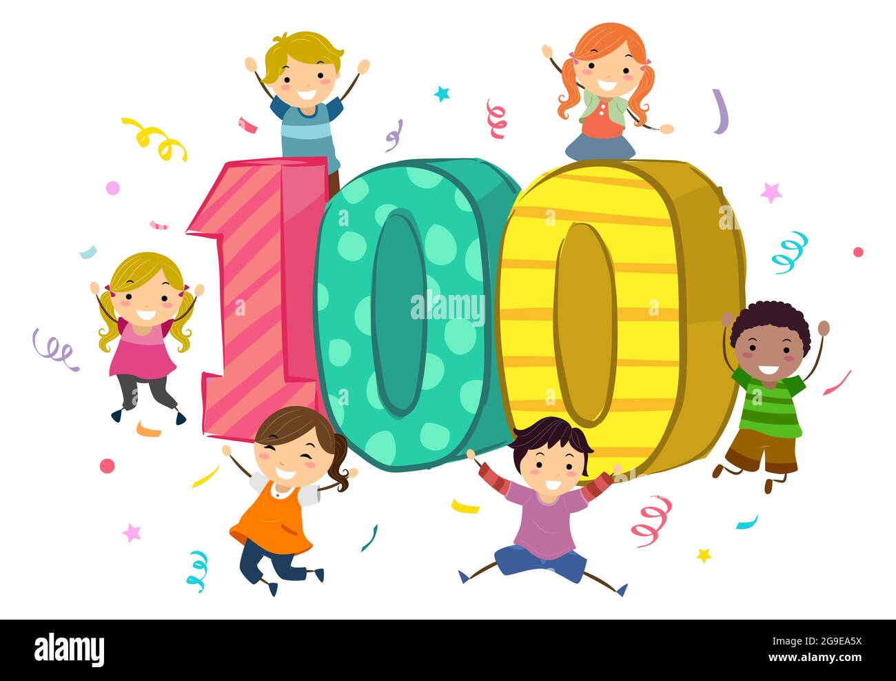 Illustration of Stickman Kids Celebrating with Confetti and One Hundred ...