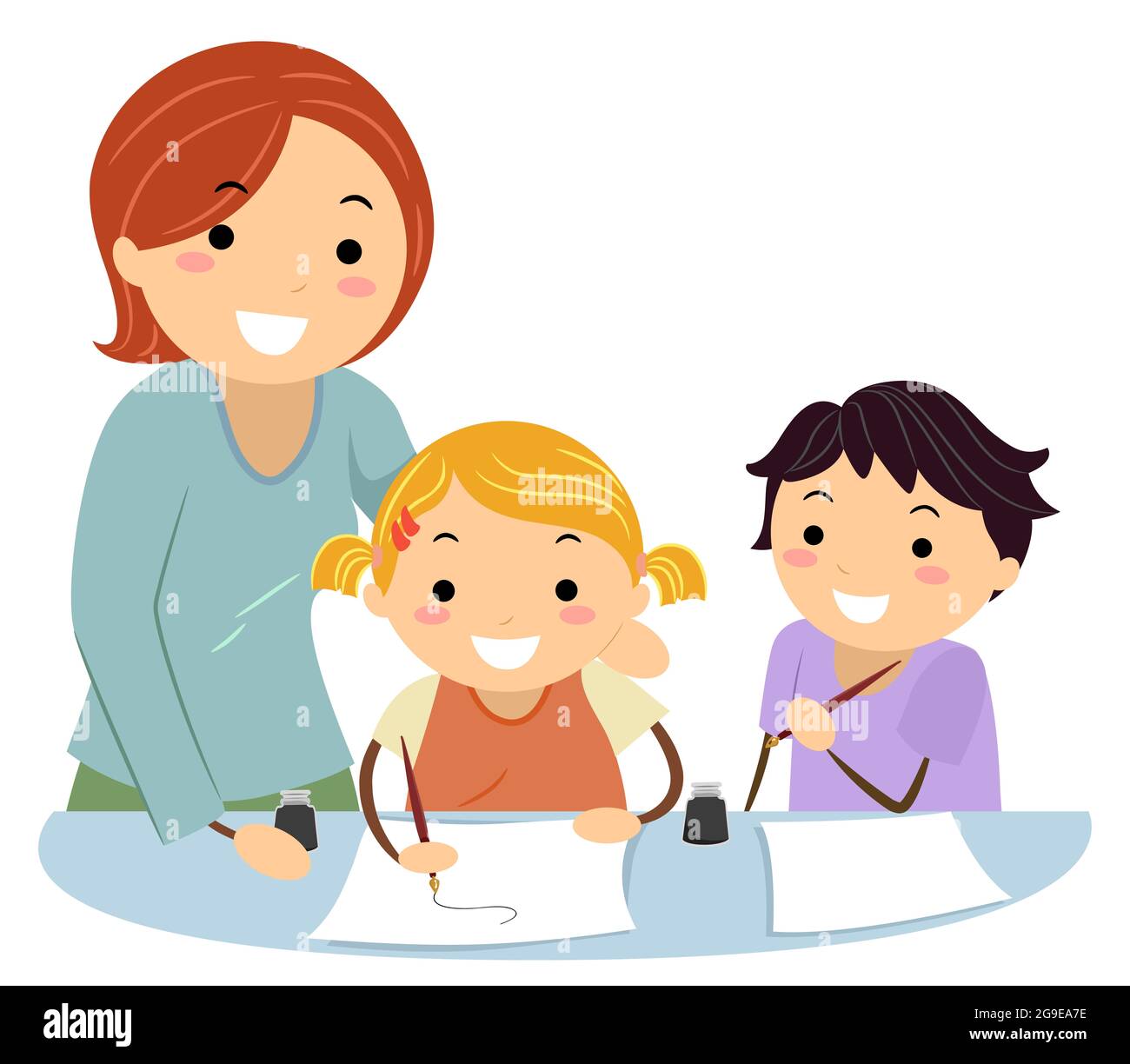 Illustration of Stickman Kids Using Fountain Pen in a Calligraphy Class ...