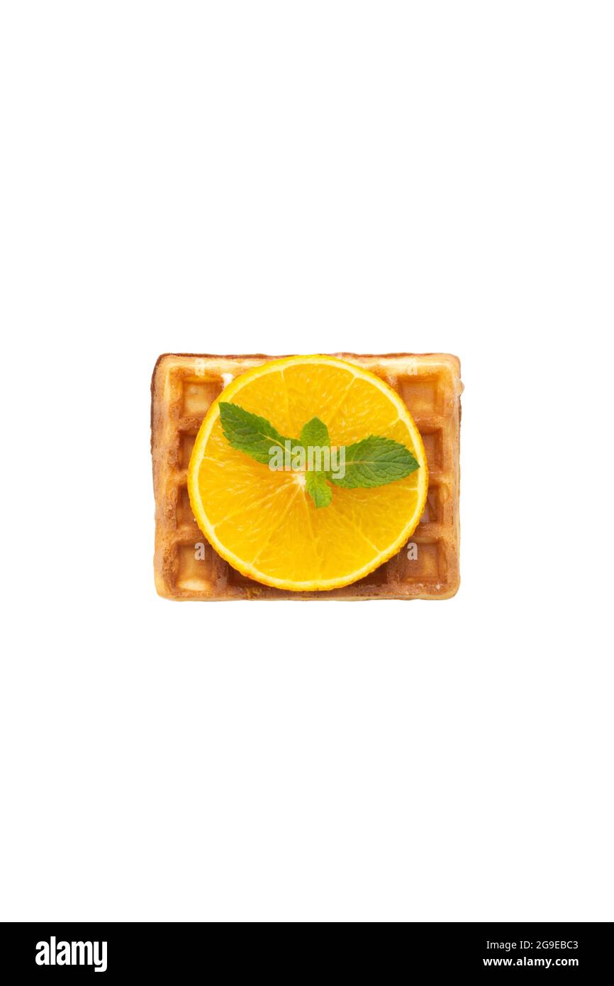 Belgium waffle with orange and mint on white isolated background Stock ...