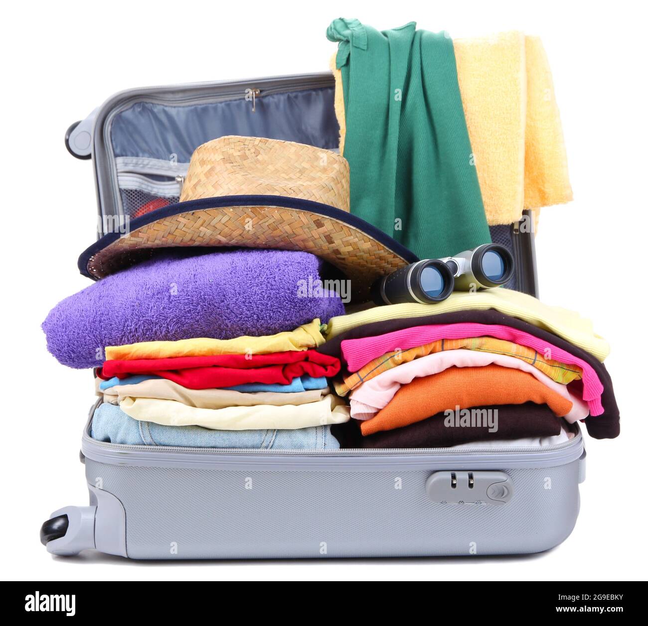 Open silver suitcase with clothing isolated on white Stock Photo - Alamy