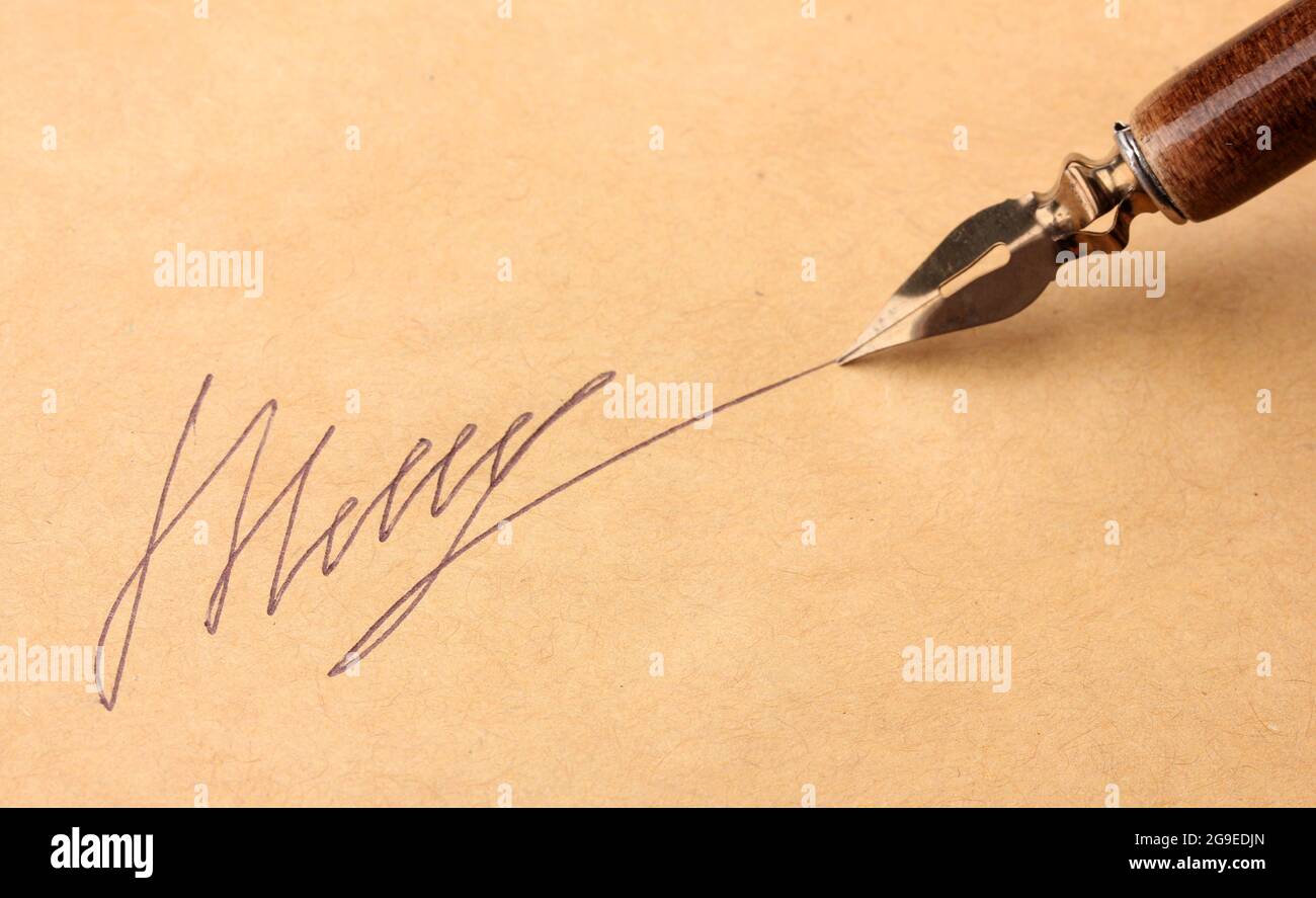 Closeup of signature (fake, not real) and ink pen, on old paper Stock ...
