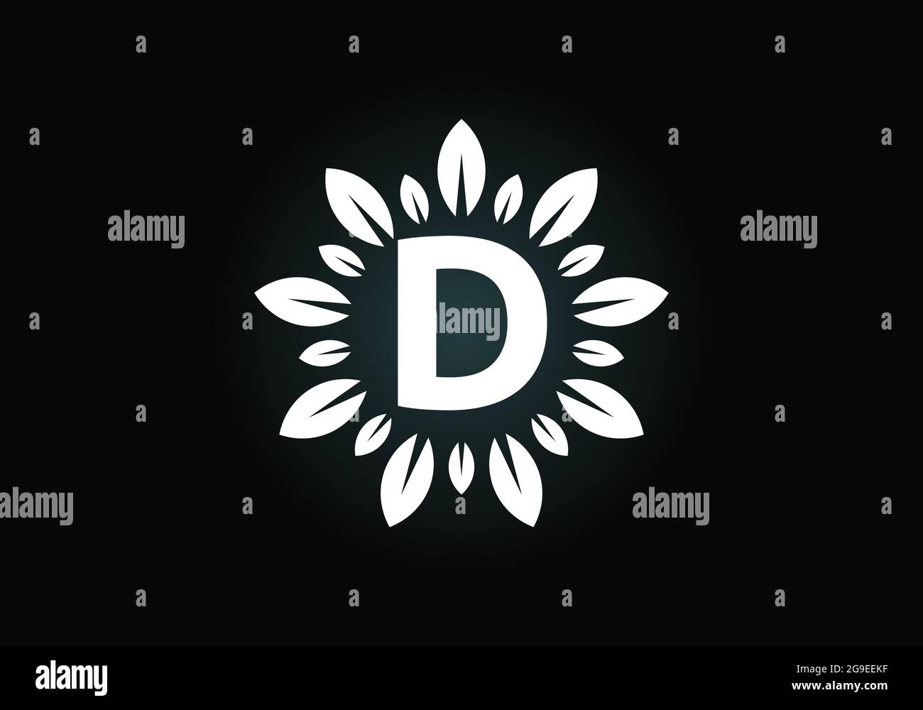 Initial D monogram letter alphabet with leaf wreath. Green leaf, flower ...