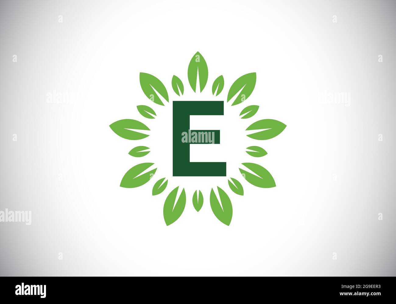 Initial E monogram letter alphabet with leaf wreath. Green leaf, flower ...