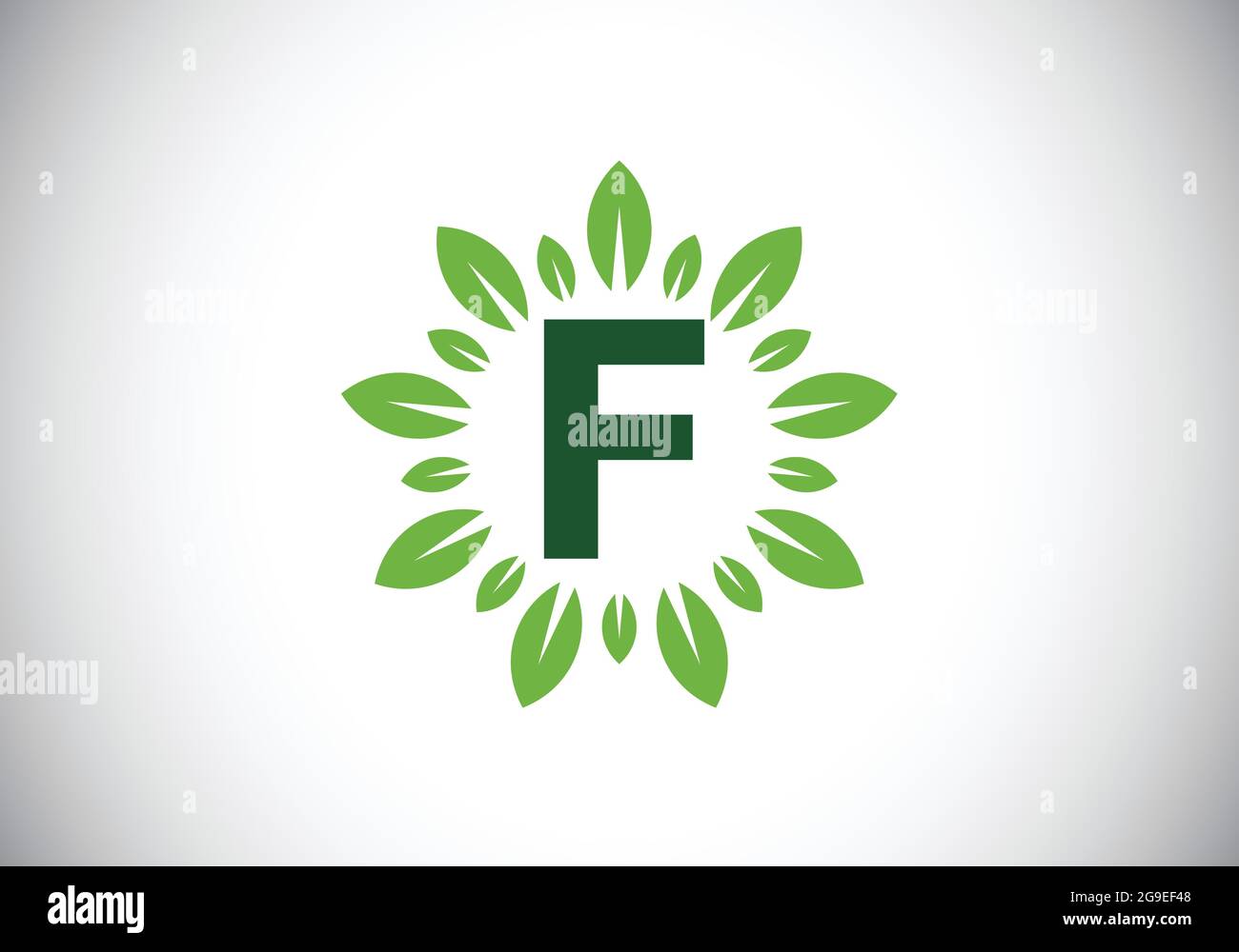 Initial F monogram letter alphabet with leaf wreath. Green leaf, flower ...